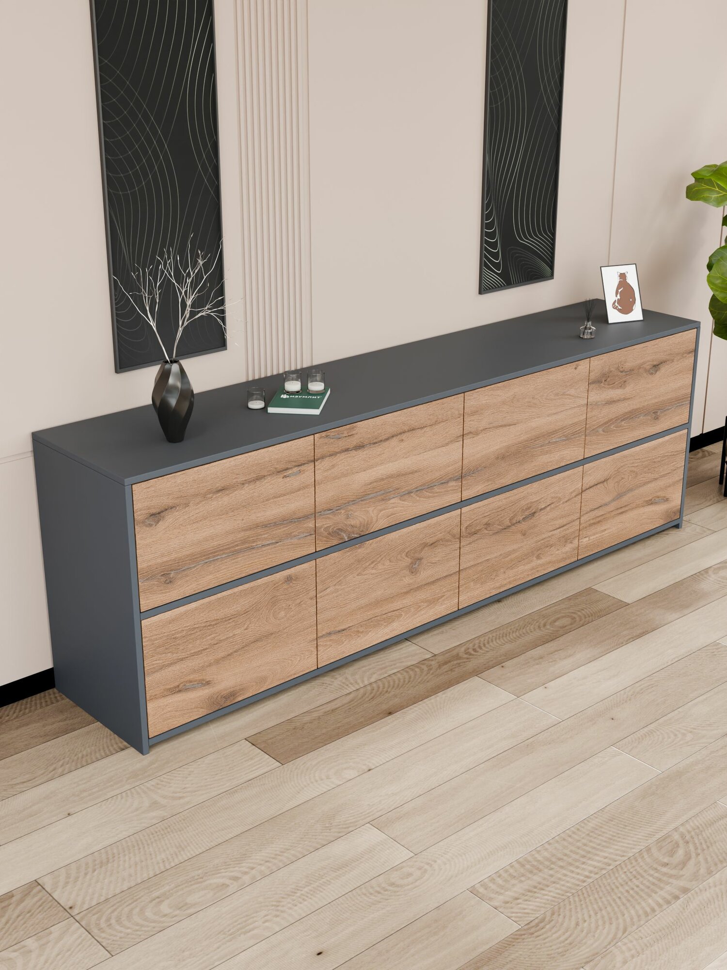 Изумлит Комод для белья и одежды Каллисто 200х66.8х40 см, графит/дуб крафт табачный