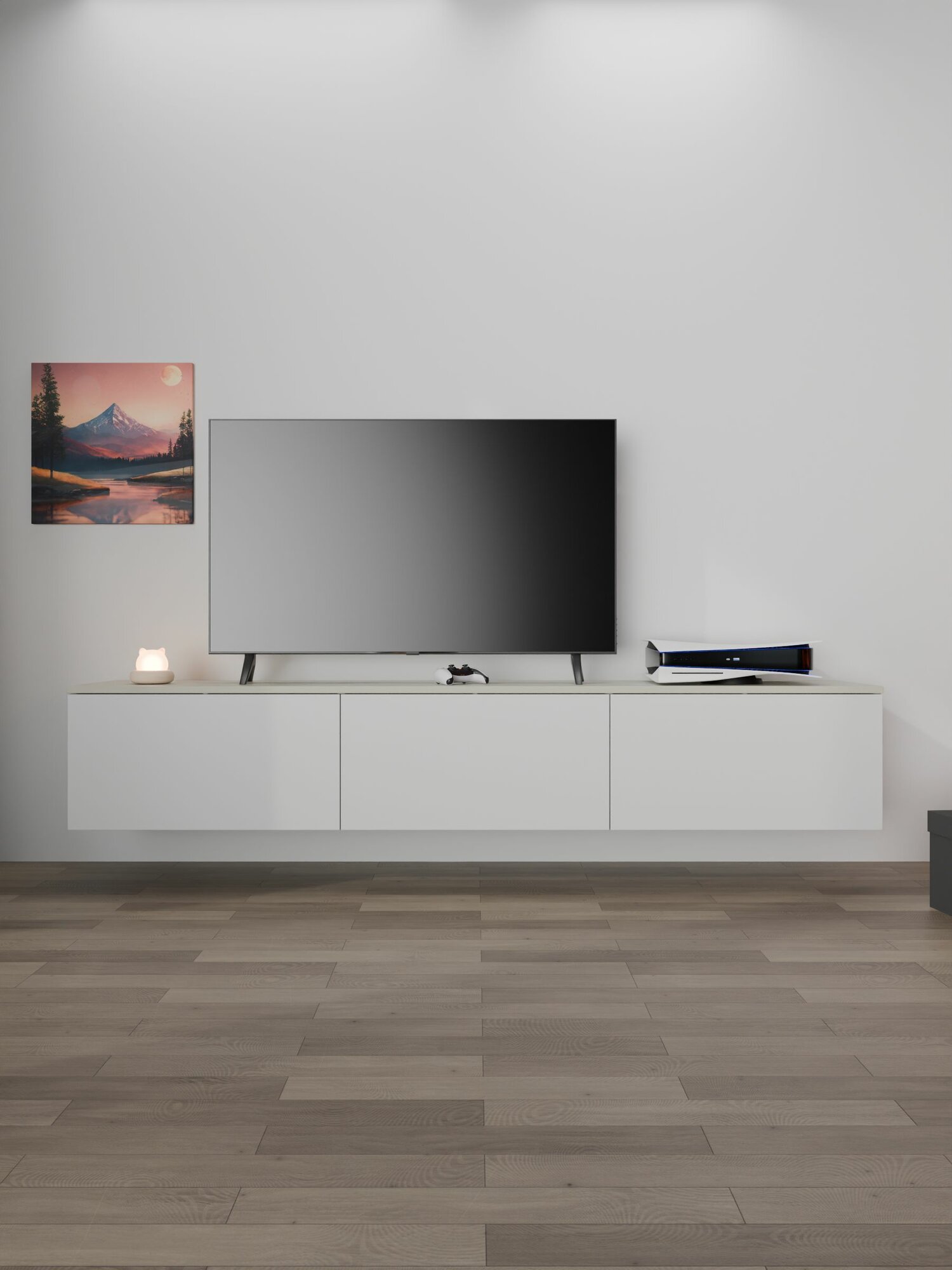 Изумлит Тумба под телевизор подвесная настенная Эра 180х32х35 см, бежевый-белый