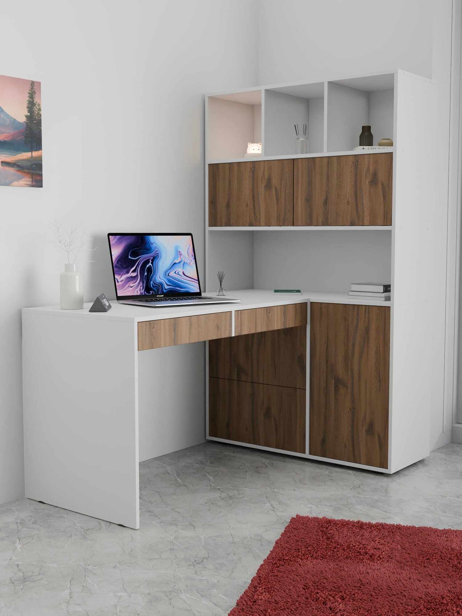 Изумлит Стол-шкаф письменный угловой для учебы и работы, шкаф справа 168х100х147.6 см, белый-дуб крафт табачный