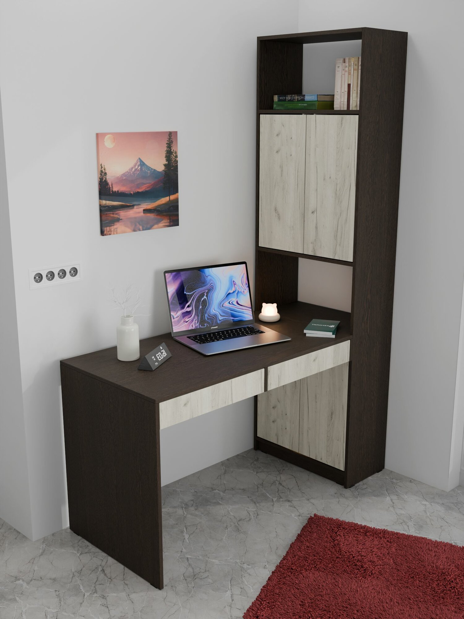 Изумлит Стол-стеллаж с дверьми письменный угловой, стеллаж справа 200х140х59.2 см, венге-дуб крафт белый