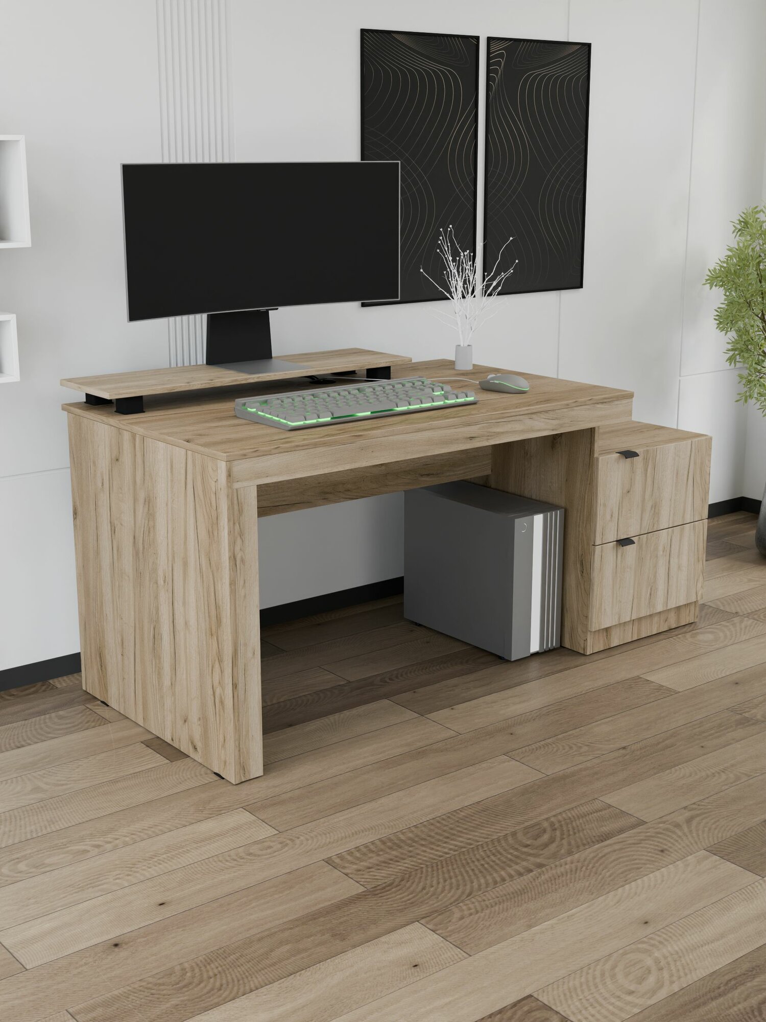 Изумлит Стол компьютерный для офиса и дома Вертикаль Компакт Лайт 165х73х74.5 см, тумба справа, дуб крафт серый