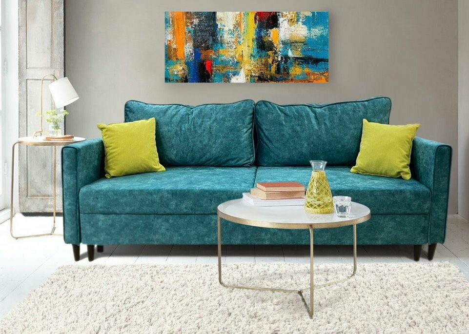 Диван-кровать в скандинавском стиле Айрис фабрики оникс, механизм тик-так (шагающая еврокнижка) с коробом для хранения бирюзовый