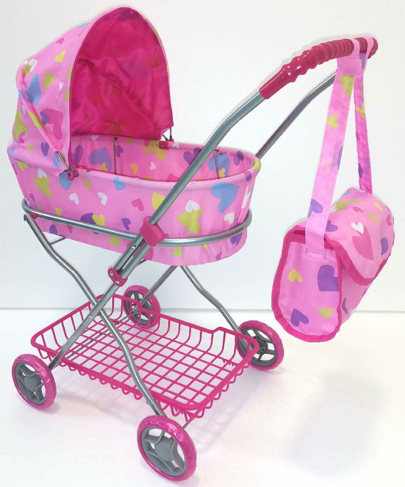 Коляска-люлька для кукол розовая с сердечками, с сумкой и