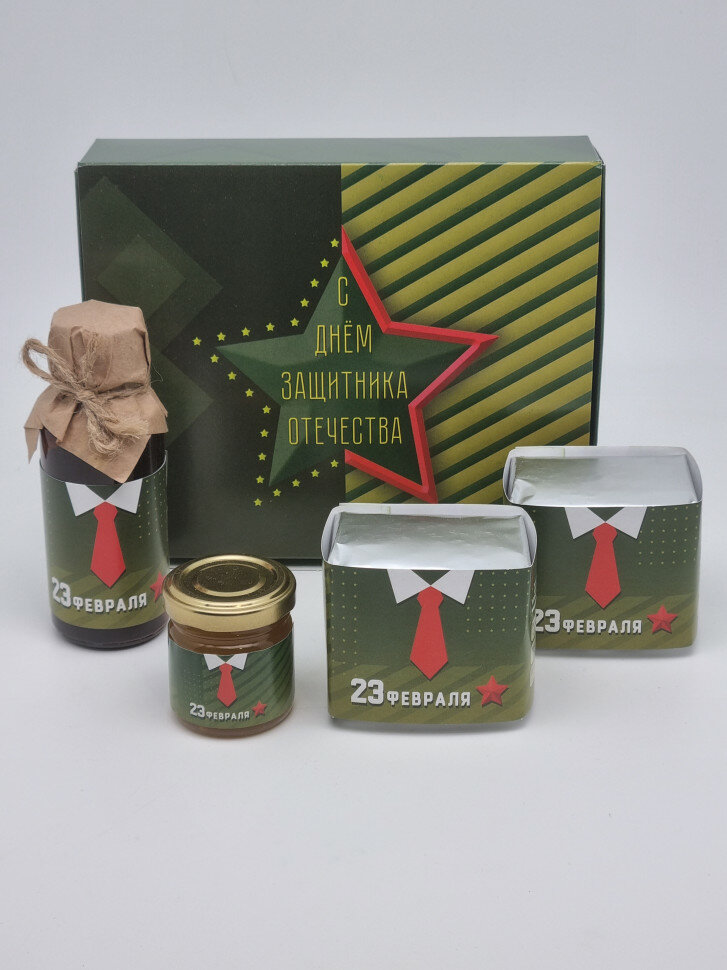 Подарочный набор с 23 февраля чай черный 35гр, зел 40гр, мед горный 50грбальзам для иммунитета 125мл