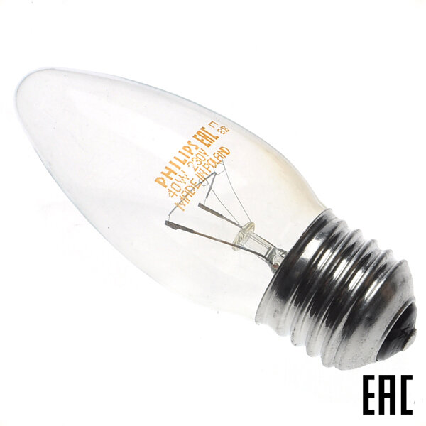 Лампа накаливания "свеча" прозрачная 40Вт 69650 B35 40W 230V CL Е27 390Лм PHILIPS (6 шт. в комплекте)