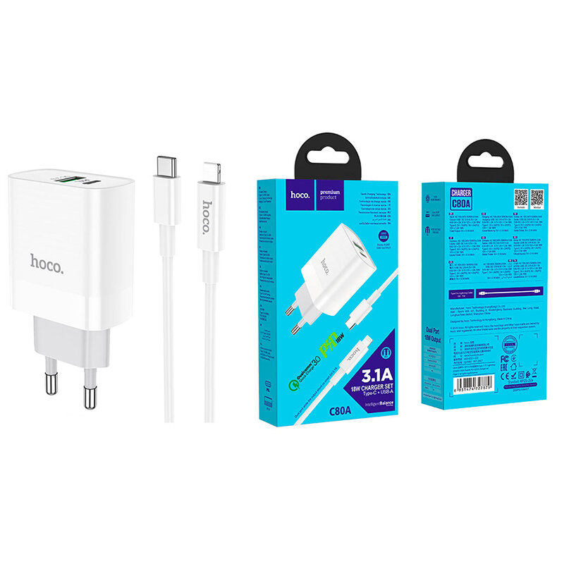 Сетевое зарядное устройство для USB/Type-C Hoco C80A (3А, QC3.0, PD, кабель Type-C-Lightning) (белое)