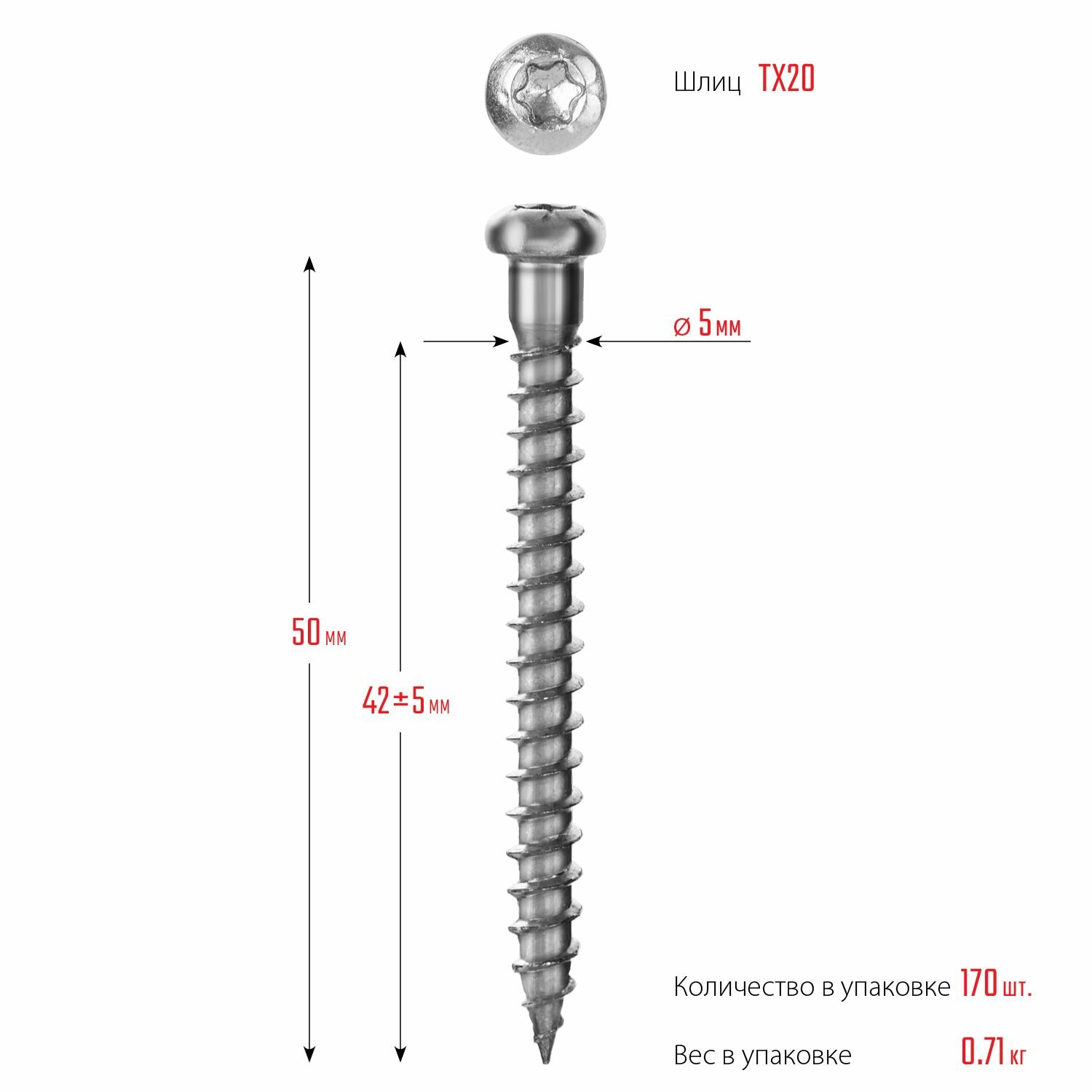 ЗУБР СПК, 50 х 5 мм, TX20, цинк, 170 шт, саморез для перфорированного крепежа, Профессионал (30061-50-50)