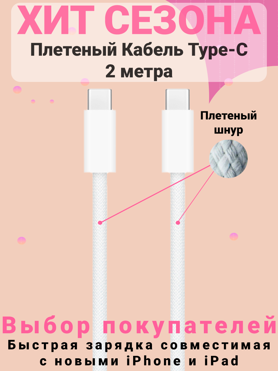 Кабель Type-C - Type-C плетенный для айфона, iPhone 15 Pro Max, Pro, Plus, iPad, AirPods, Android, 2 метра
