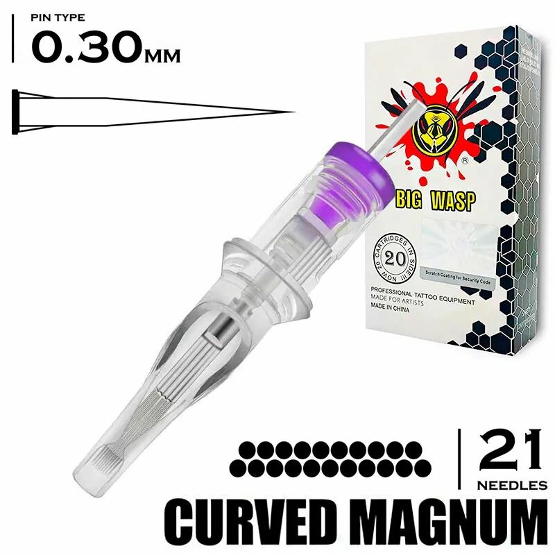 Тату картриджи BIG-WASP Matte Transparent 21CM/0,30 Curved Magnum (1021cm), 20шт