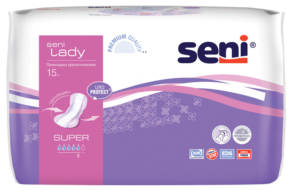 Прокладки урологические женские SENI LADY super 15 шт. для защиты при легкой и средней степени недержания мочи.