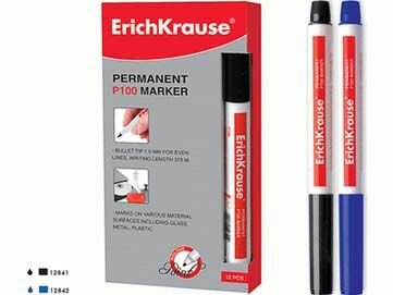 Маркер перманентный Er.Krause P-100 1мм синий тонкий 12842 . Комплект из 12 маркеров