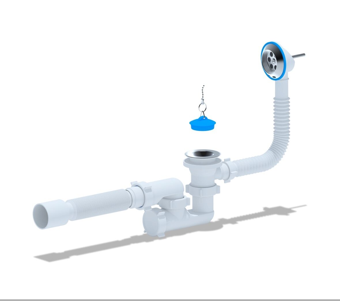 Сифон для ванны АНИ пласт E255, 1 1/2"х40мм, плоский, с гибким круглым переливом, с отводной гибкой трубой 40х50мм