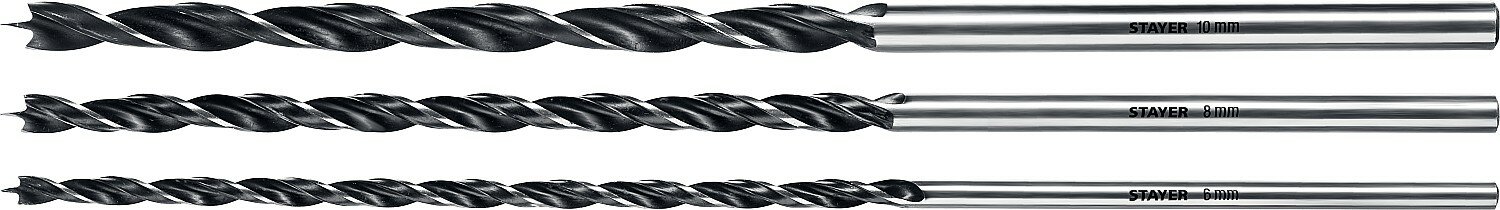 Набор сверл STAYER Maxdrill, 3 шт: 6-8-10×300 мм, спиральные, для дерева