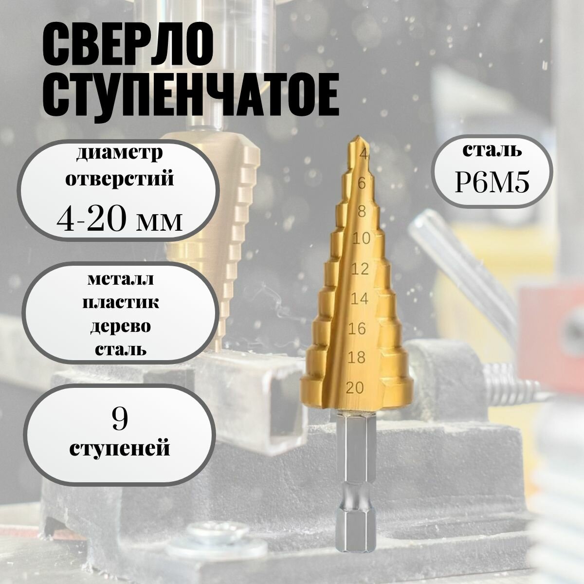Ступенчатое сверло по металлу, по дереву, по пластику 4-20 мм с титановым покрытием и шестигранным хвостовик