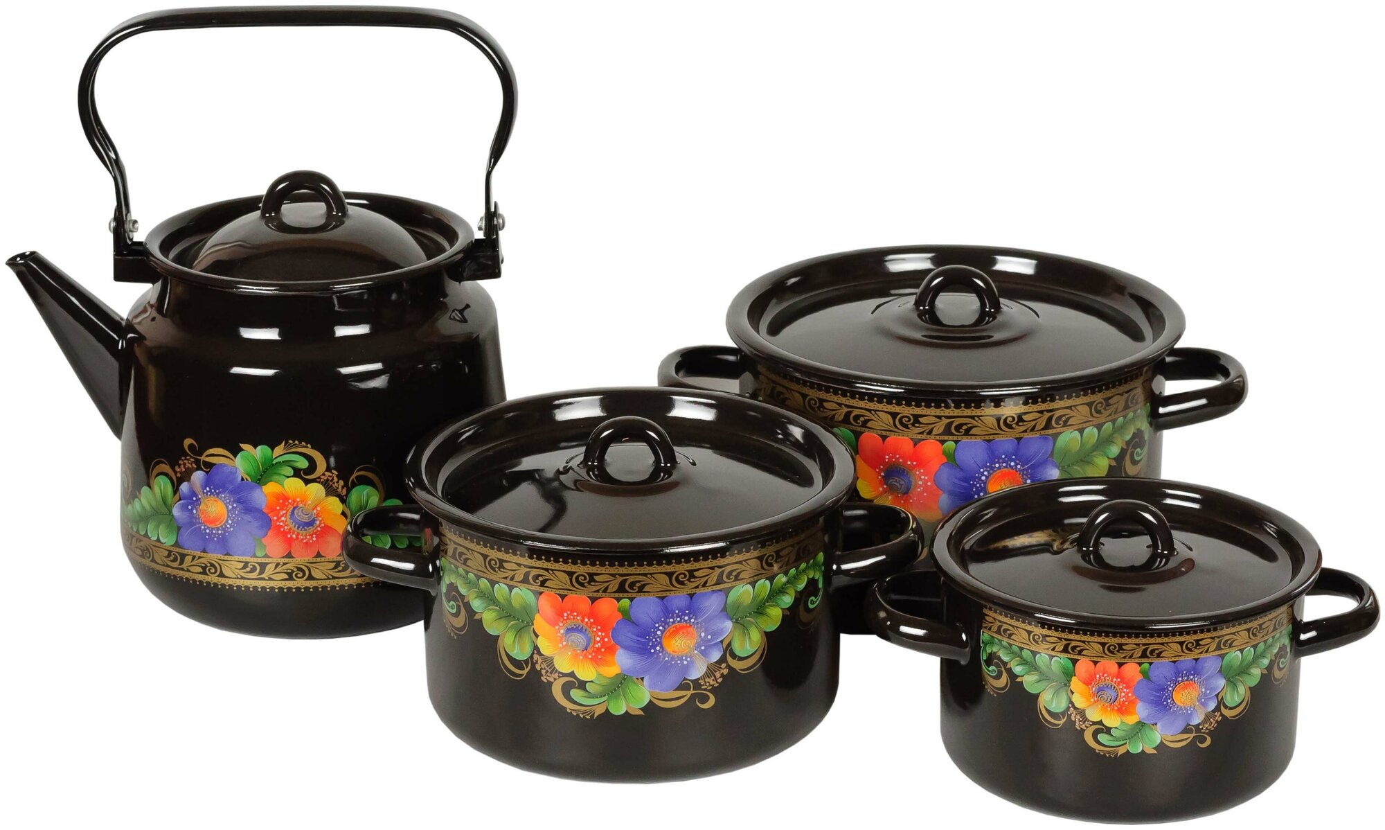 Набор кастрюль эмалиров. №142 "вологда" черн. (1,5 + 2,9 + 4,5 Л)+ чайник 3,9 Л "стальэмаль" 1С142