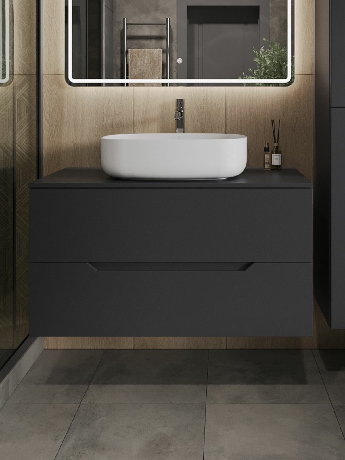 Тумба с раковиной подвесная 100 см Orange Line Li-100TugMDF+B07-540W, графит/белый