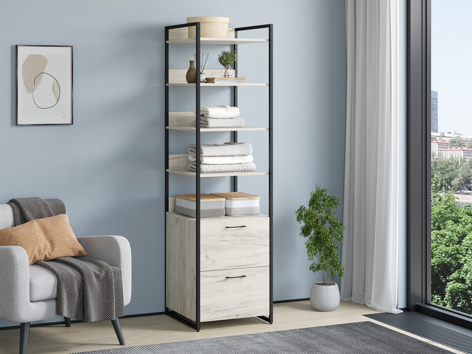 Стеллаж Urban Лофт 05 с ящиками Черный/Дуб крафт белый