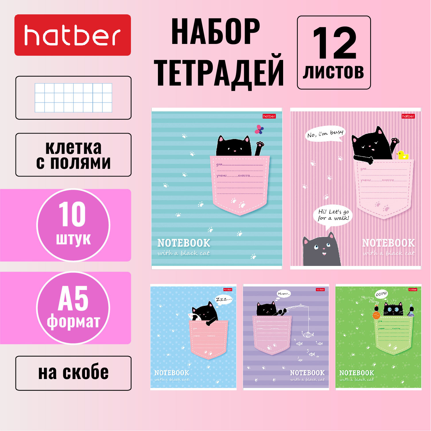 Набор тетрадей Hatber 12 листов клетка 5 дизайнов/10 штук -Котик в кармашке-
