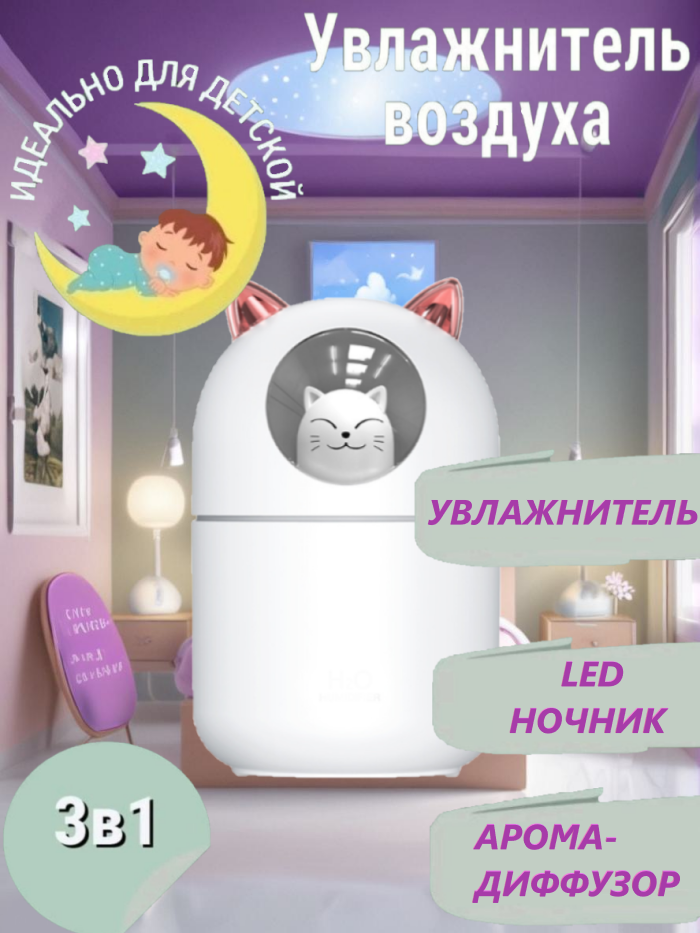 Увлажнитель воздуха для квартиры. Очиститель ионизатор арома диффузор Кошка 3в1. Led ночник с подсветкой детский настольный на Usb 300мл. Loloki