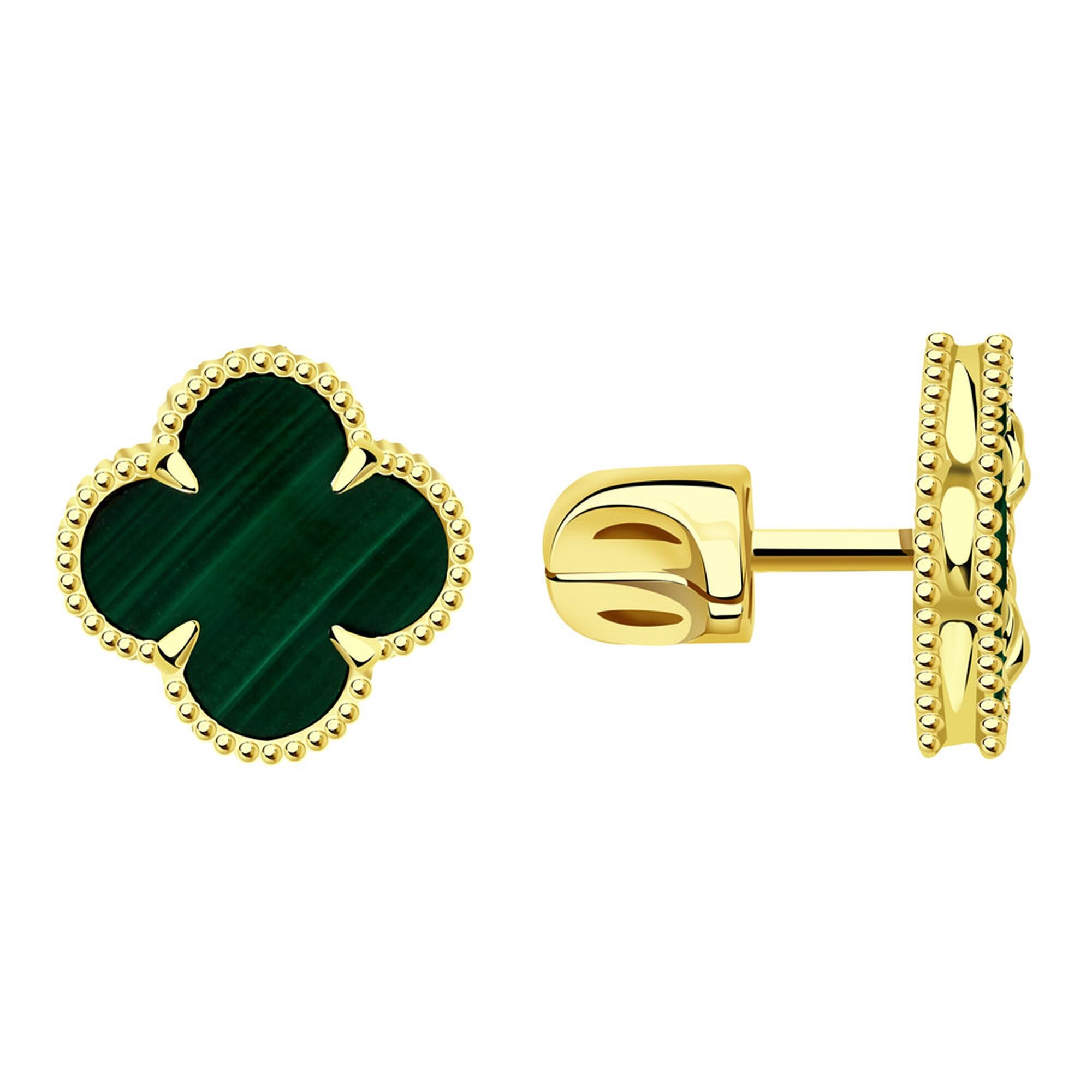 Серьги пусеты, желтое золото, 585 проба, малахит