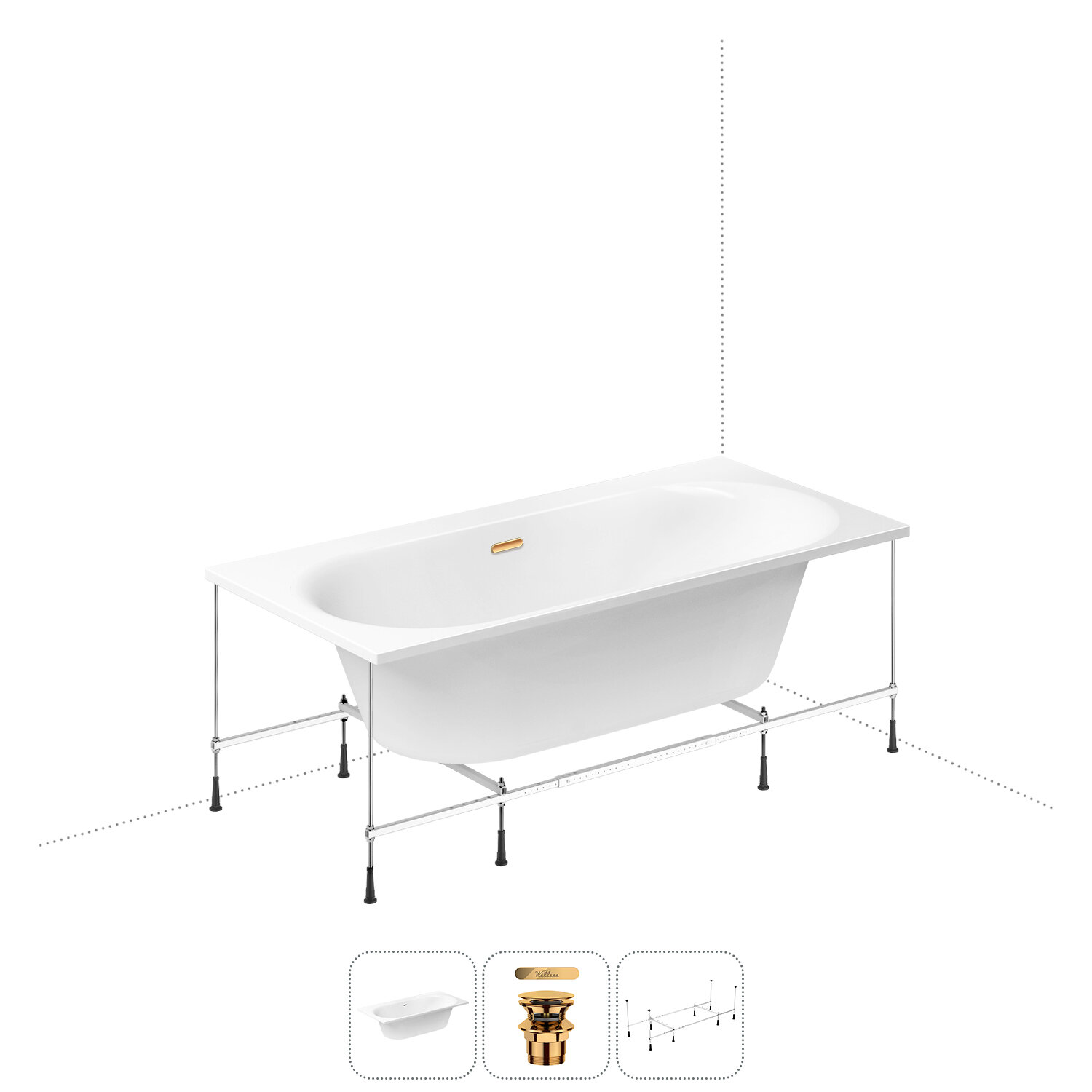 Акриловая ванна 180х90 с каркасом Wellsee Dream For More 20216808R в наборе 3 в 1: ванна акриловая 180 х 90 см в цвете белый глянец, слив-перелив золото, каркас