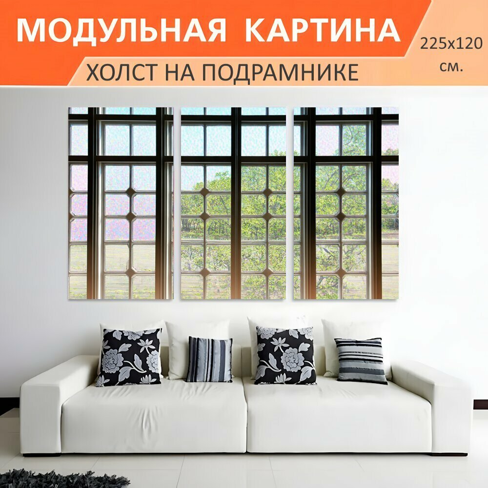 Модульная картина на холсте "Пастельные узоры за окном, создающие внешние пейзажи, создают игру света. использовать стиль уникальной." триптих на подрамнике 225х120 см. для интерьера