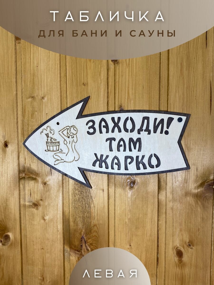 Табличка для бани и сауны "Заходи там жарко" левая, из фанеры, 31см х17 см.