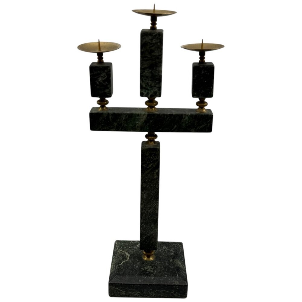 Канделябр "3 свечи", 28 см, змеевик, латунь, 1990-2000 гг, Урал, Россия