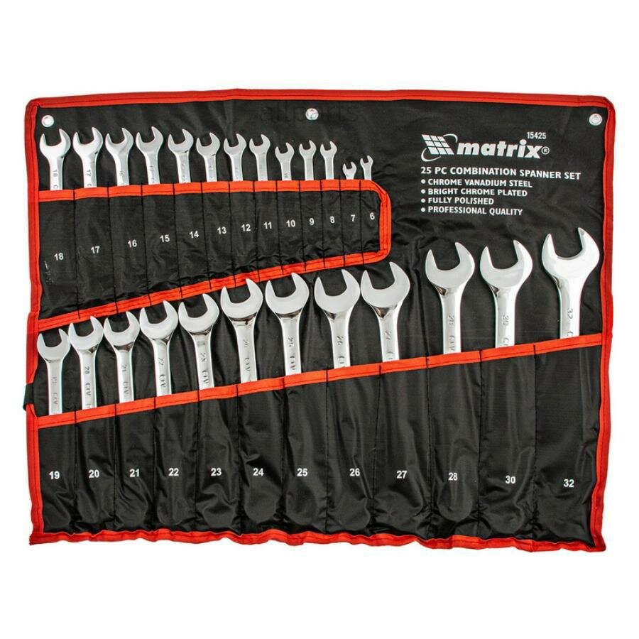 MATRIX 15425 Набор ключей комбинированных, 6 - 32 мм, 25шт. CrV, полированный хром MATRIX 15425