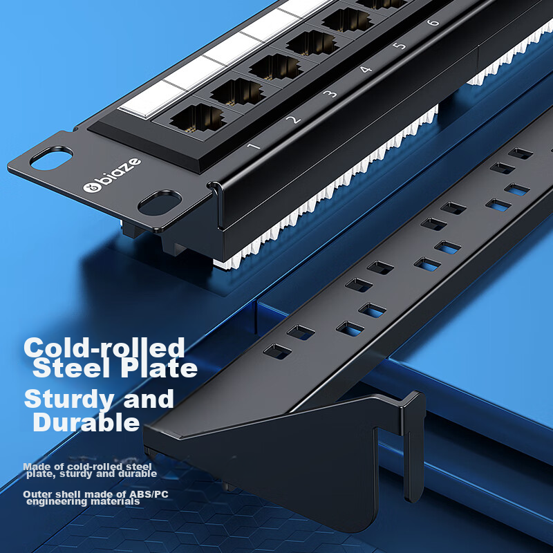 Biaze CAT6 Patch Panel 24 Ports, Unshielded CAT6 Network Cable Patch Panel, Gold-Plated 1U Rack-Mounted Cabinet, Engineering Network Patch Cord Management Tray TT83