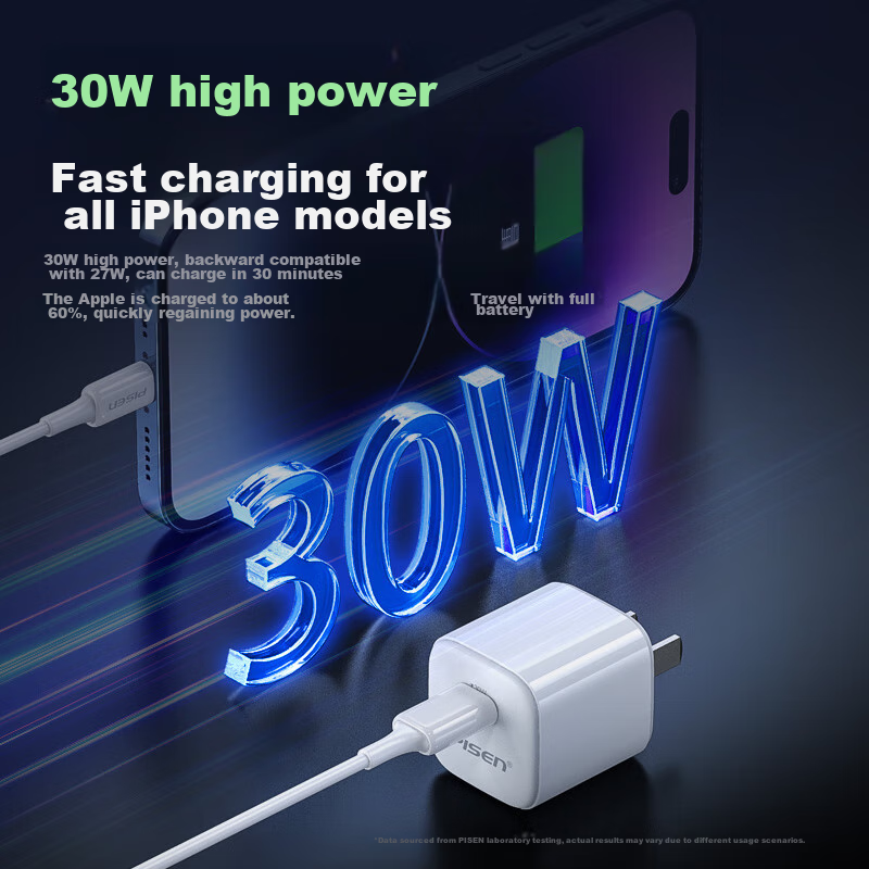 Pisen, GaN Apple Charger, IPhone 16 Pro Max Charging Head, PD 30W Fast Charging, Compact And Universal, for Apple 15/14, Xiaomi, Huawei Phones, IPad Tablet Plug, 27W