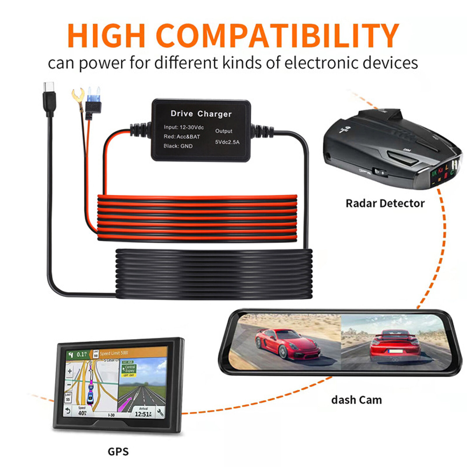 Комплект для подключения видеорегистратора, стабильный выход питания 12 В‑30 В до 5 В, тип C для зеркальных камер, GPS-навигаторов, радар-детекторов, источник питания