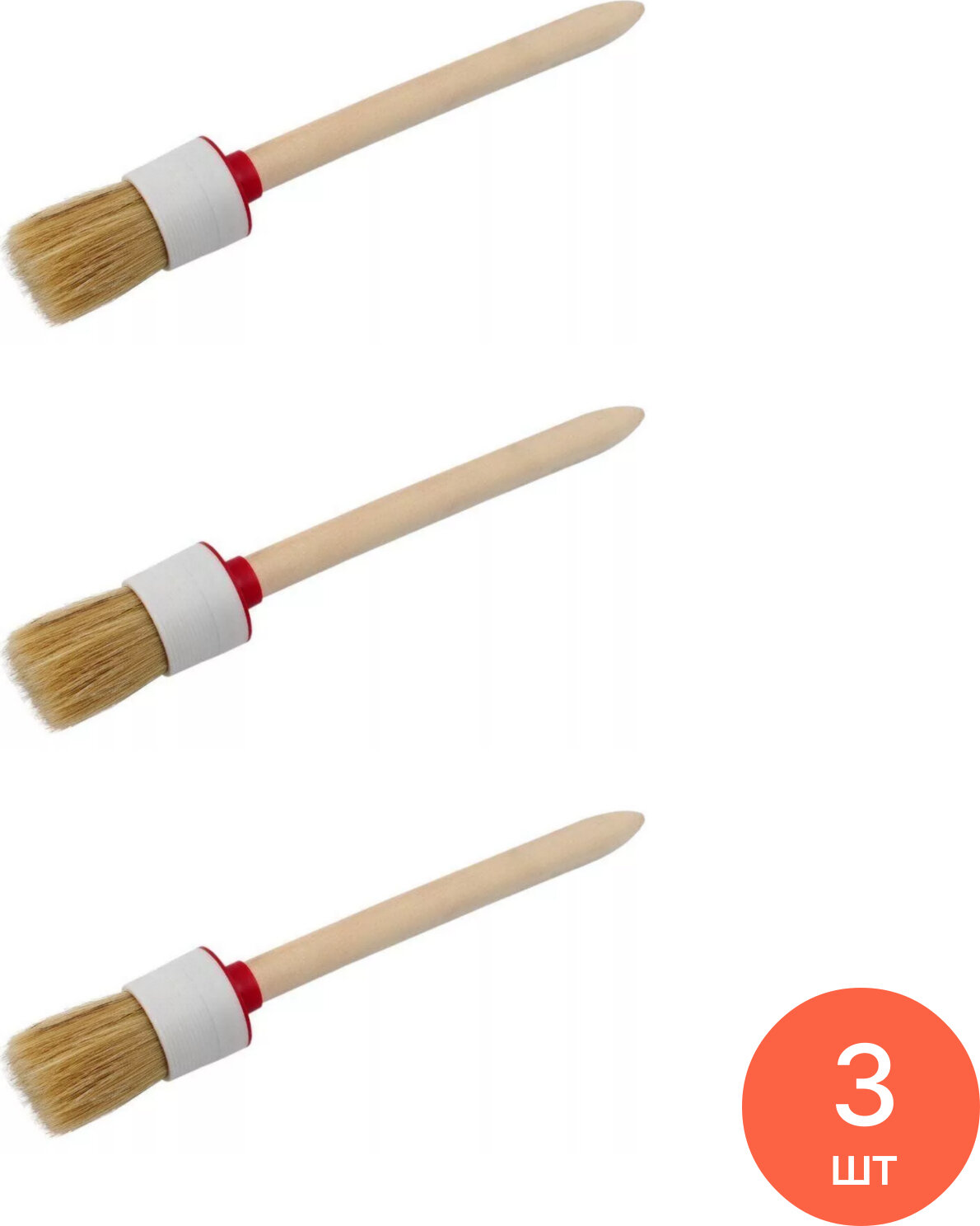 Кисть малярная 888 Стандарт круглая, с натуральной светлой щетиной и деревянной ручкой, 40мм / малярные и отделочные инструменты (комплект из 3 шт)