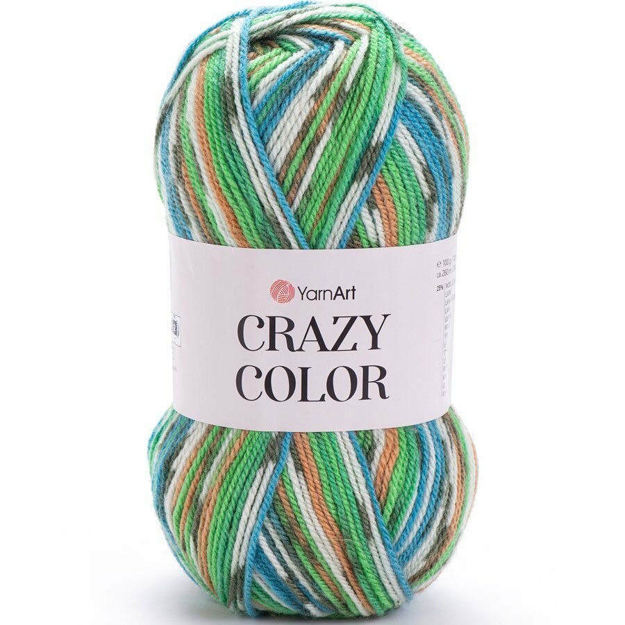 Пряжа Yarnart CRAZY COLOR 177 трава/белый/бирюза (5 мотков)