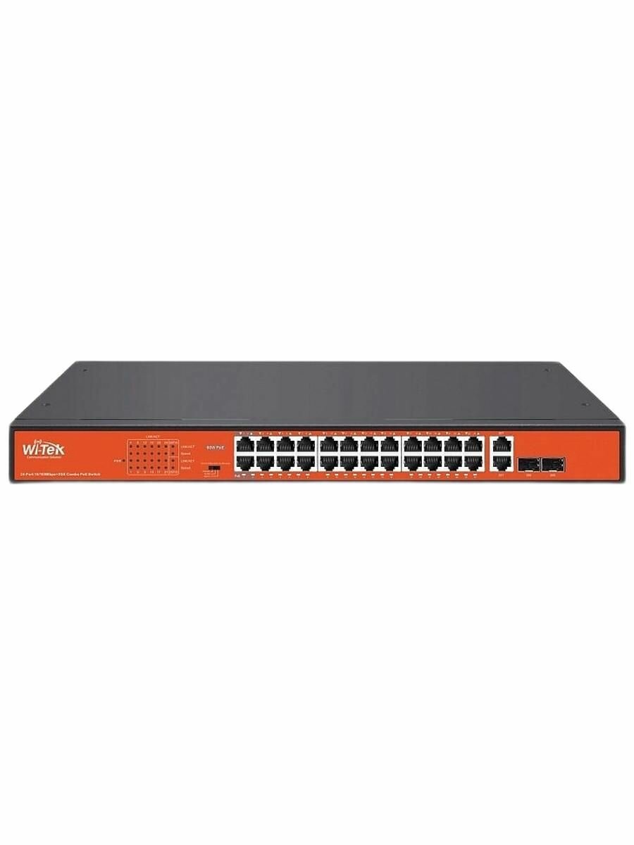 Коммутатор Wi-Tek WI-PS526G, неуправляемый PoE 270Вт, порты 24 PoE FE, 2 Combo, режим 250м