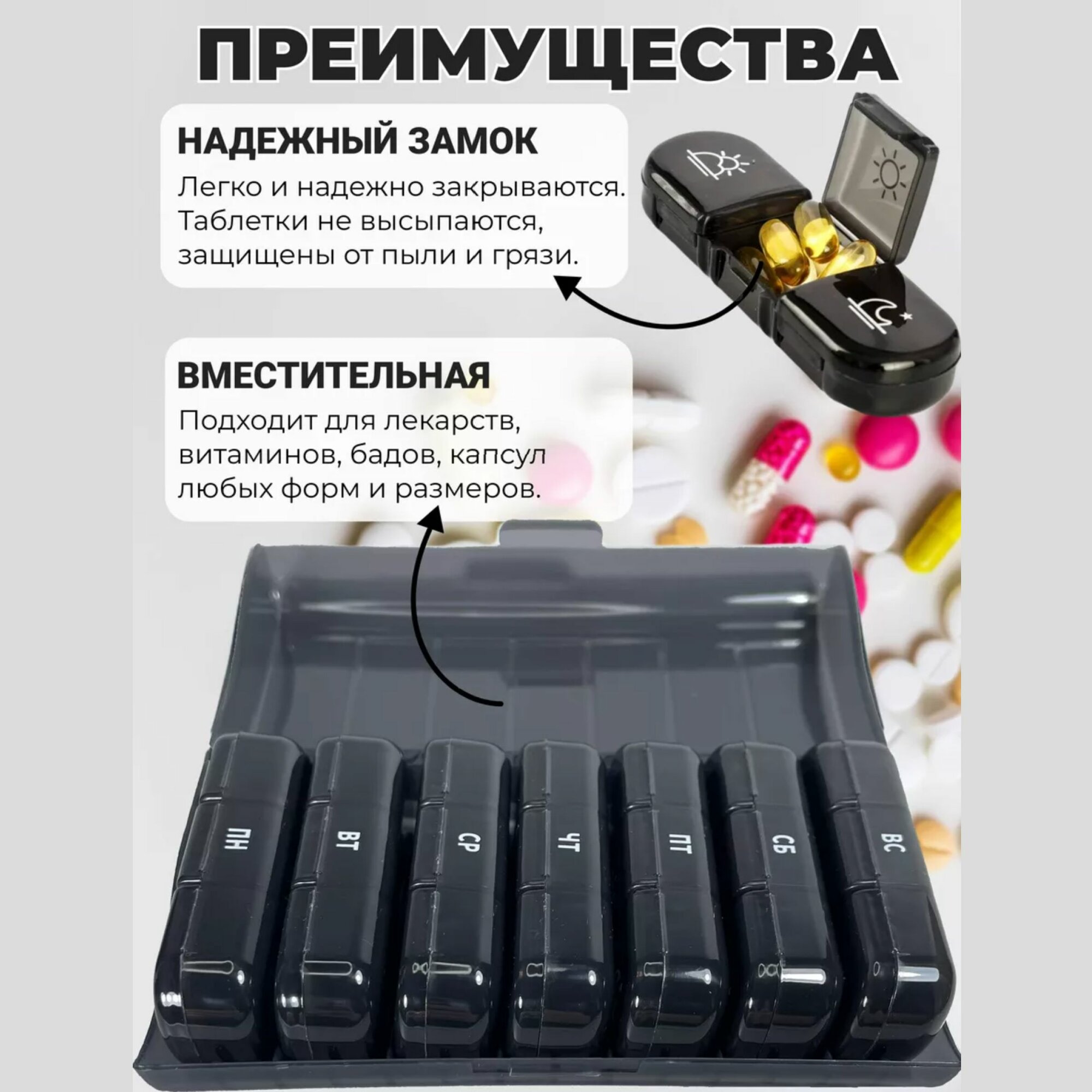 Раздельный ящик для приема лекарств "7-in- большой контейнер с 7 мелкими боксами