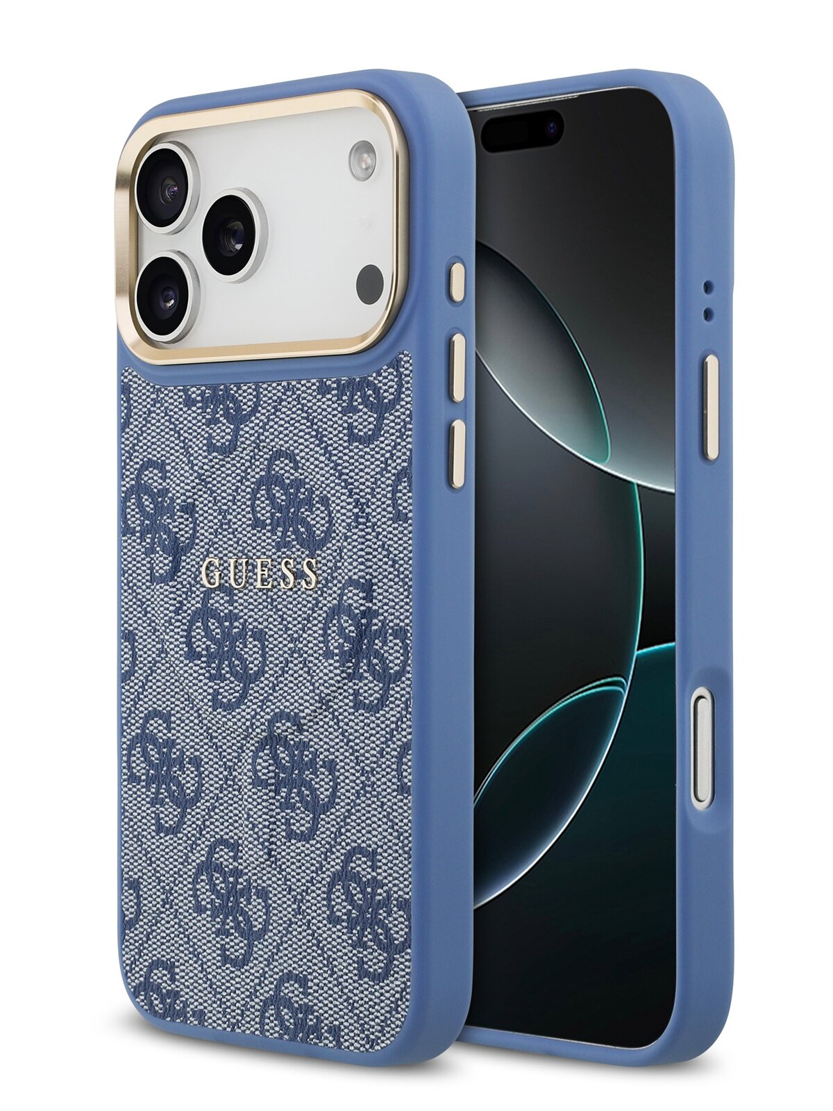 Guess чехол с MagSafe для iPhone 17 Pro Max, PU кожа с принтом 4G, Classic metal logo Gold camera, синий