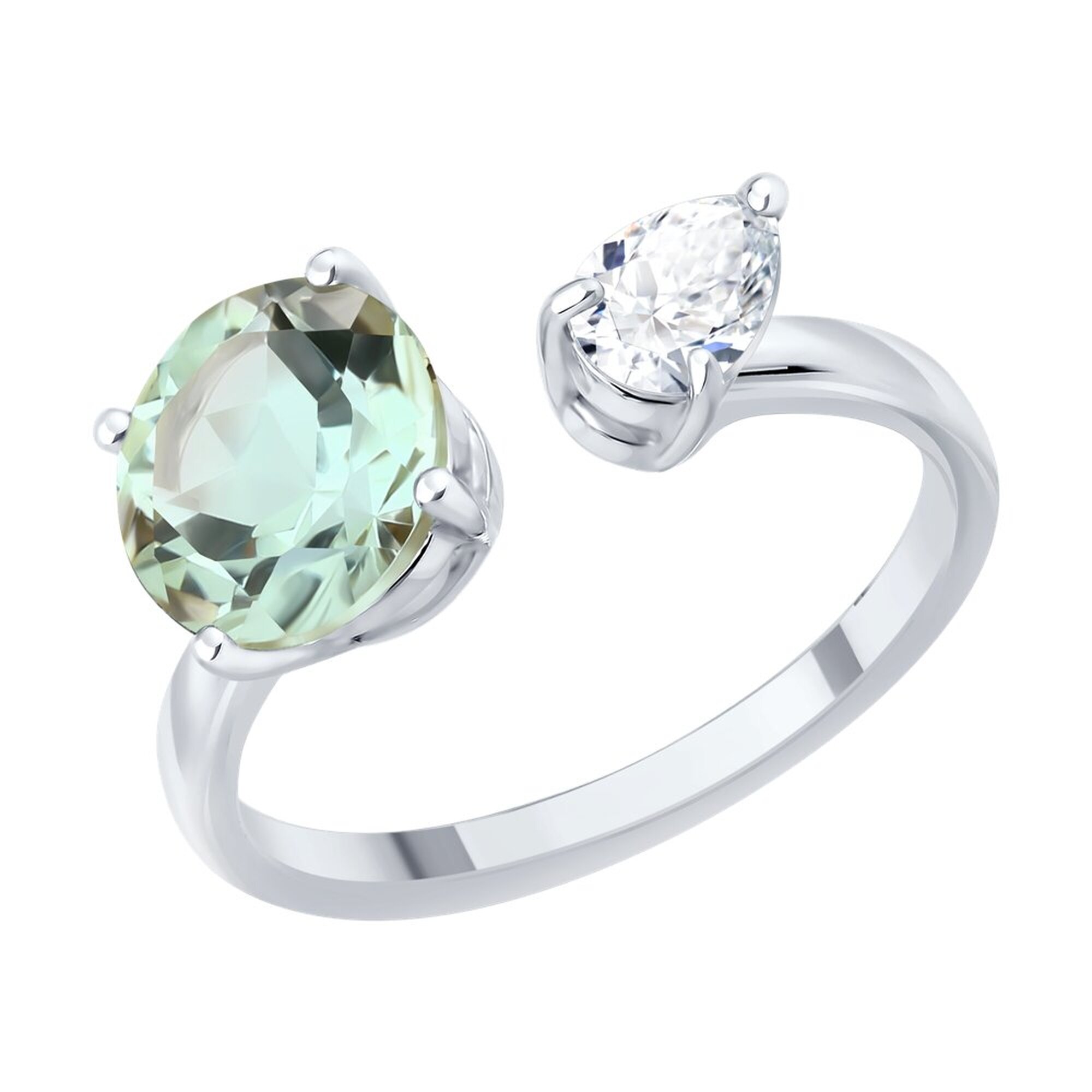 Кольцо, серебро, 925 проба, родирование, празиолит, фианит