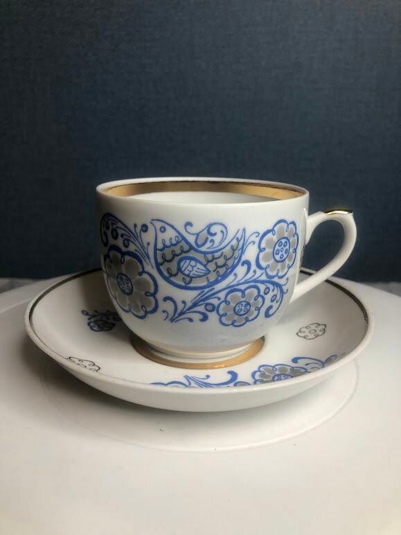 Чайная пара винтажная, Вербилки, СССР "птица счастья", 200мл, ручная роспись, позолота