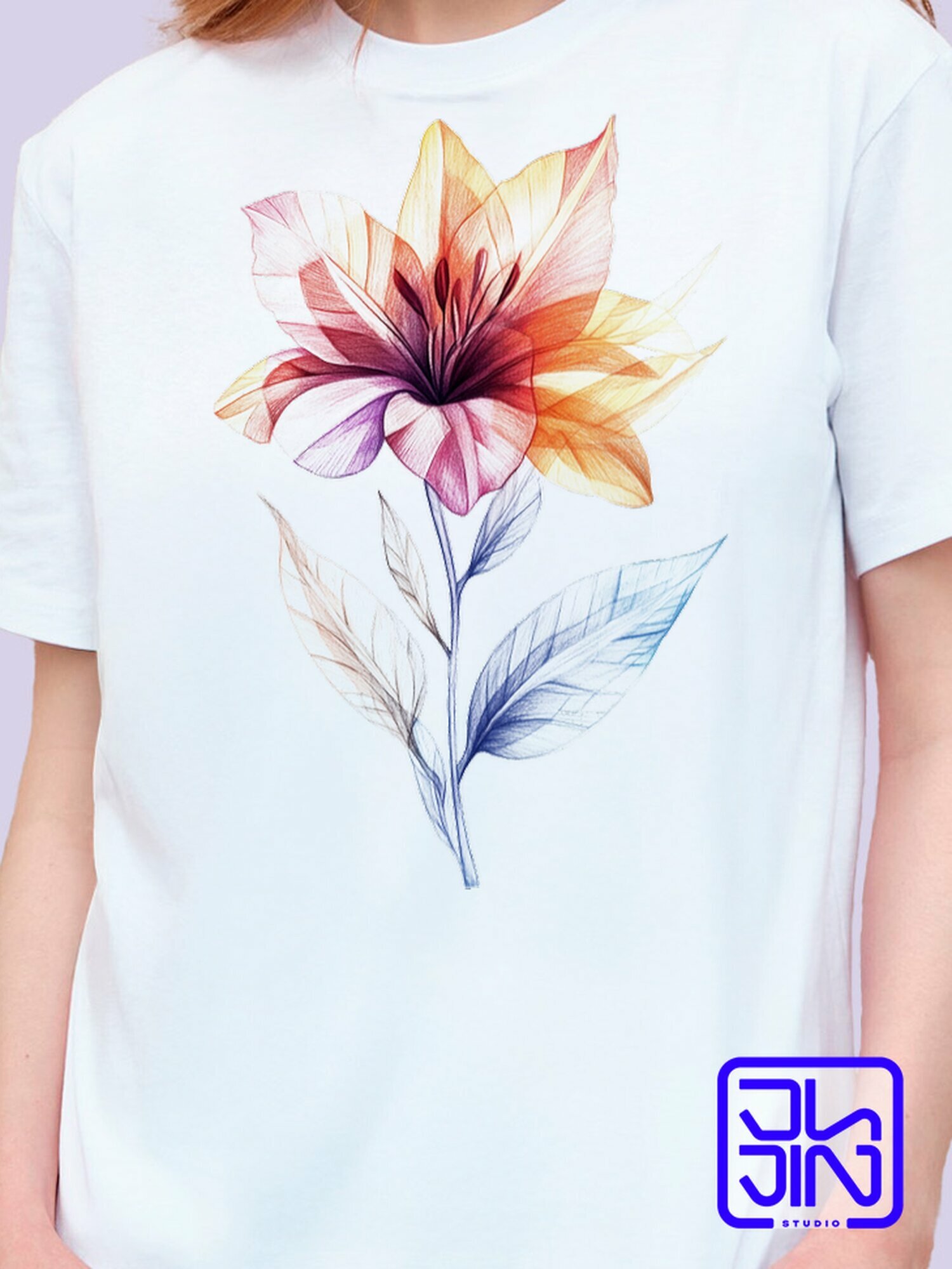 Футболка классическая женская с авторским принтом Пестрая разноцветная лилия с яркими цветочными лепестками, дизайнерская природа, белый хлопковый трикотаж с прикольным рисунком на груди