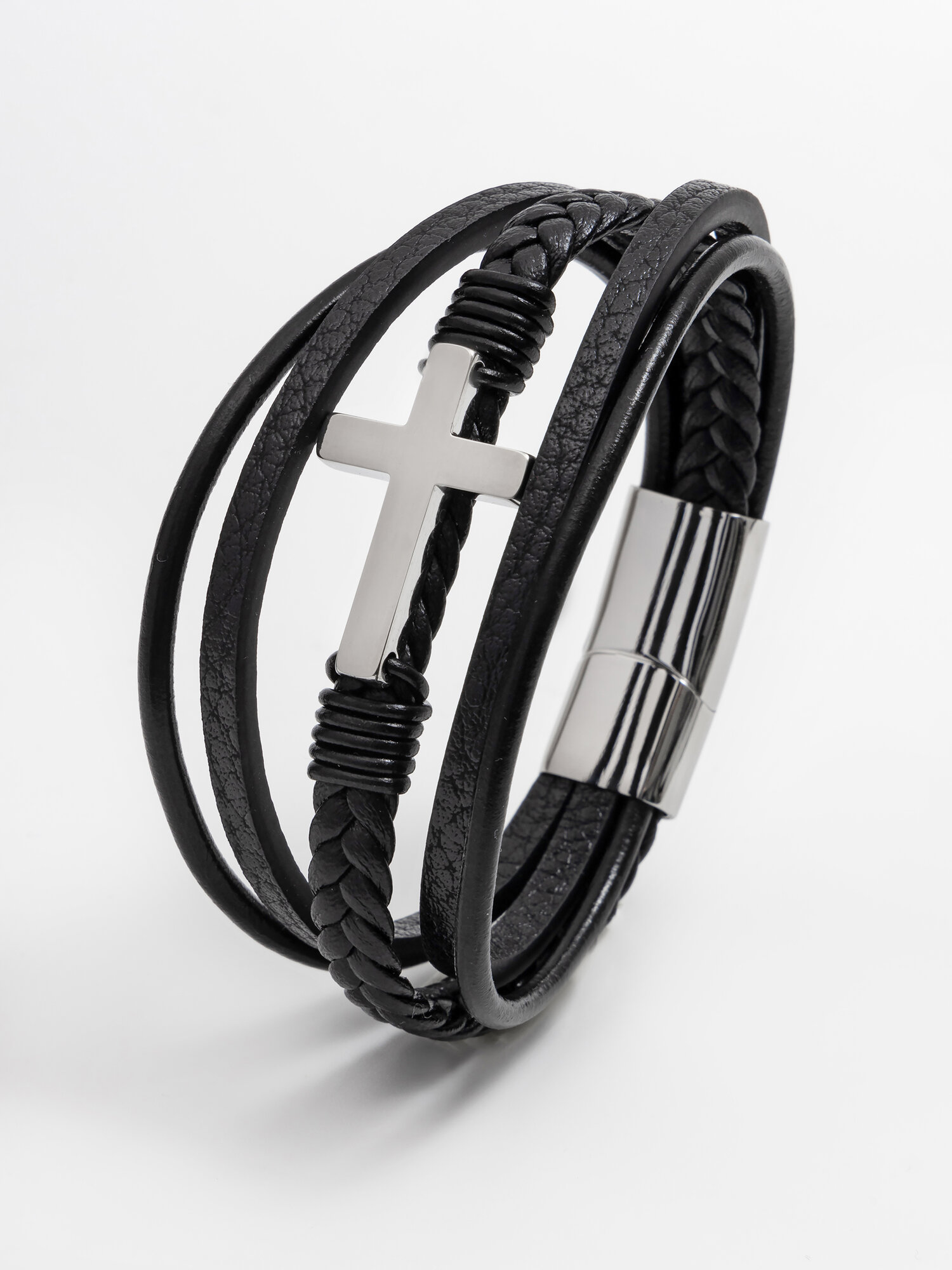 Плетеный браслет, кожа, металл