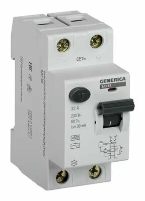 Выключатель дифф. тока УЗО IEK MDV15-2-032-030 ВД1-63 Generica 32A 4.5kA 30мА AC 2П 230В 2мод серый (