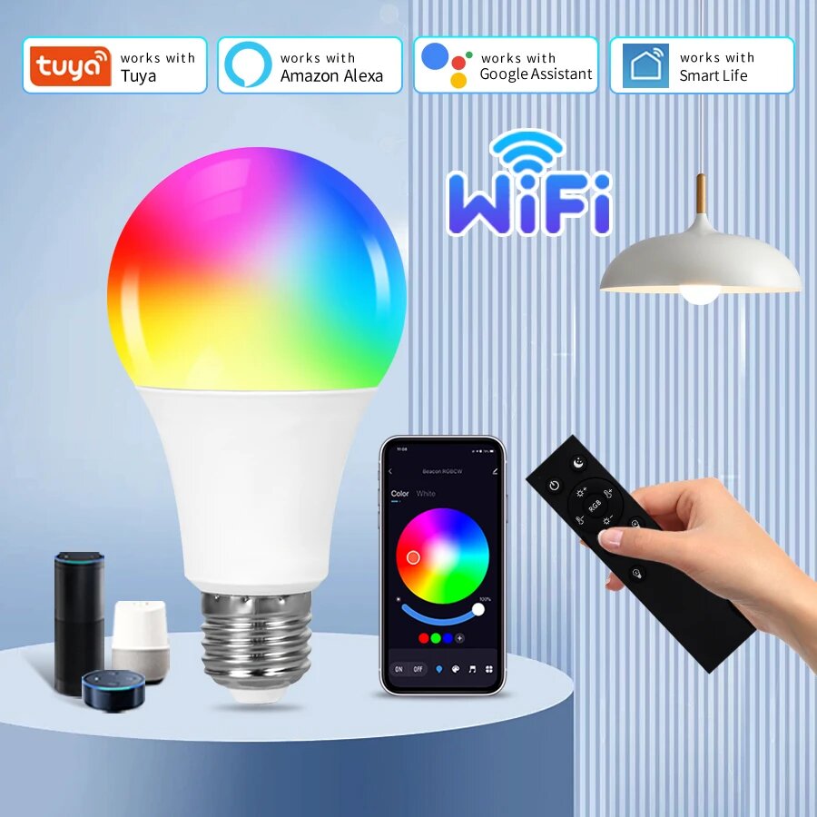 Умная LED лампа Tuya E27 10W RGB, AC 220V, Only 1 remote