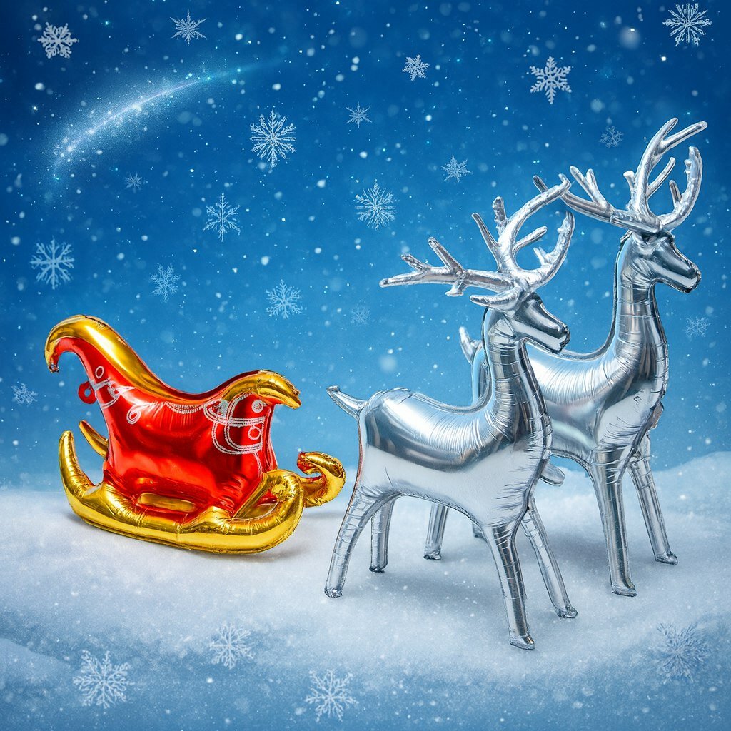 Воздушная надувная композиция 122 см сани с оленями серебристого цвета
