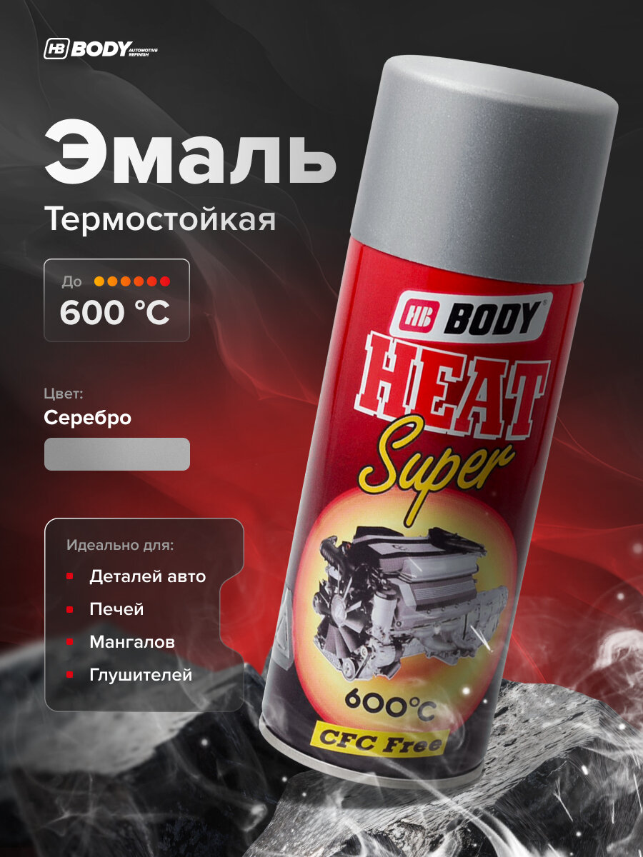 Акриловая краска аэрозольная/HB BODY HEAT SUPER/ 400 мл термостойкая/серебро/ быстросохнущая, покрытие для декора