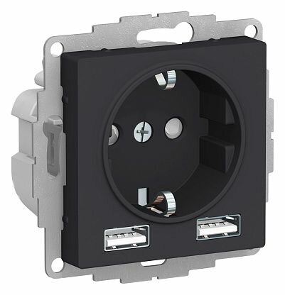ATN001030_Розетка одинарная с USB (16A, карбон, 2 USB A+A, 5В/2,4А, 2х5В/1,2)_Systeme Electric