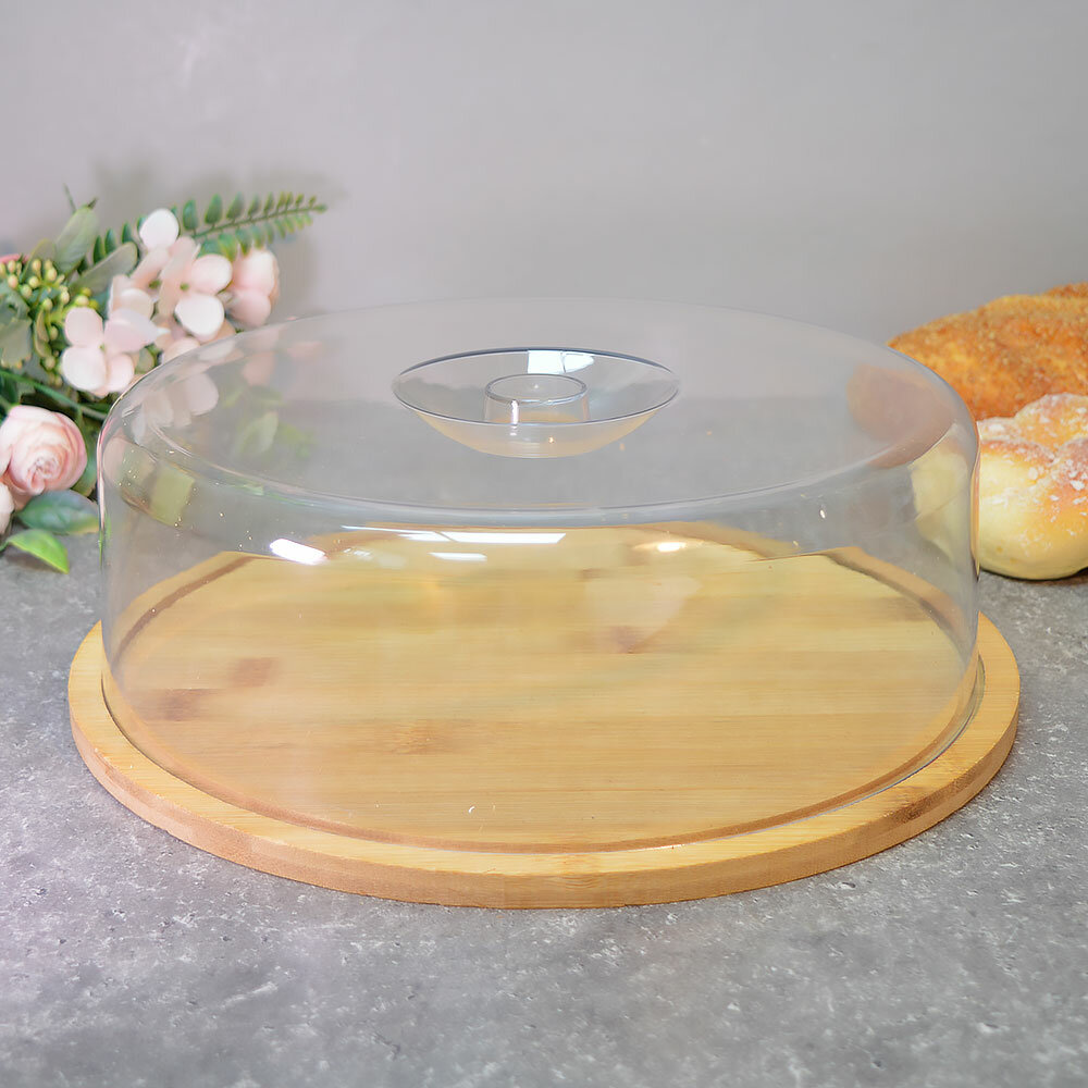 Блюдо сервировочное с прозрачной крышкой 28х9 см, бамбук, для выпечки и фруктов