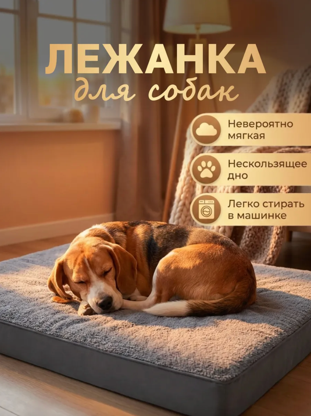 Лежанка для собак средний и крупных пород/ Лежанка для кошек 104х68х8см, съемный чехол