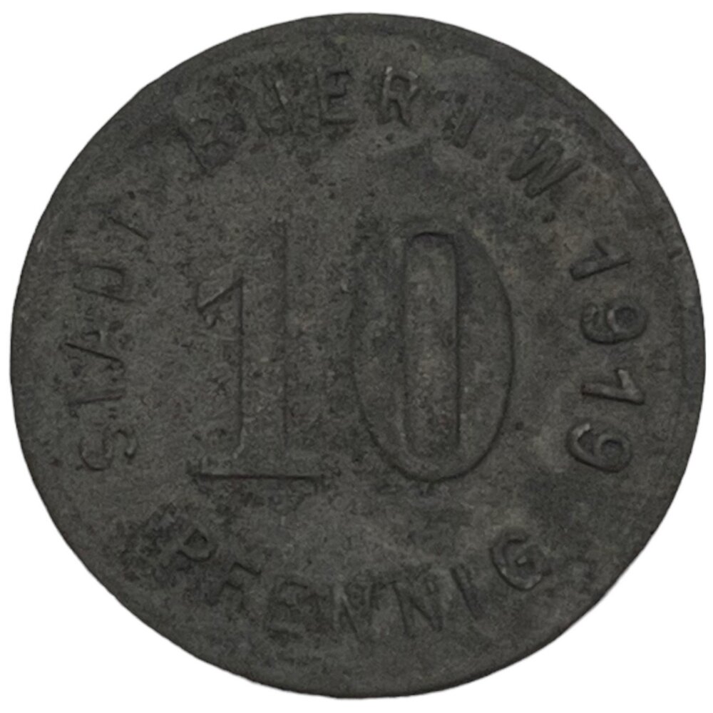 Германия (Германская Империя) Буер 10 пфеннигов 1919 г. (Zn)