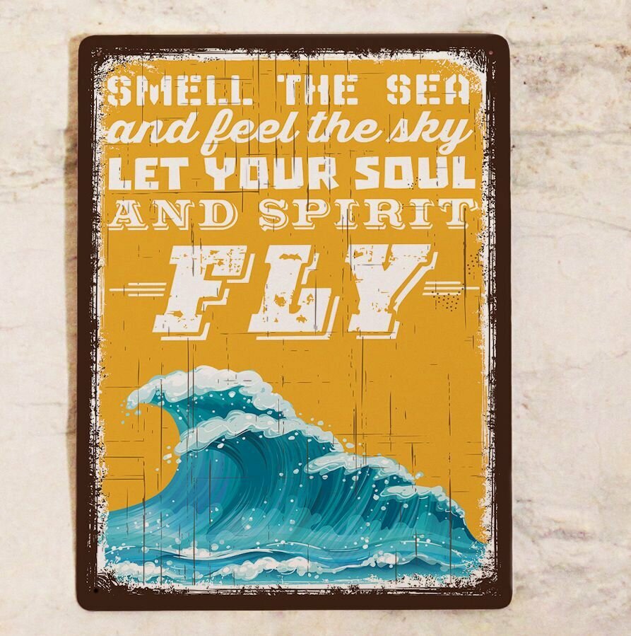 Яркая интерьерная табличка с волной про морском стиле для декора дома и дачи в подарок другу на новый год, металл, 20х30 см.
